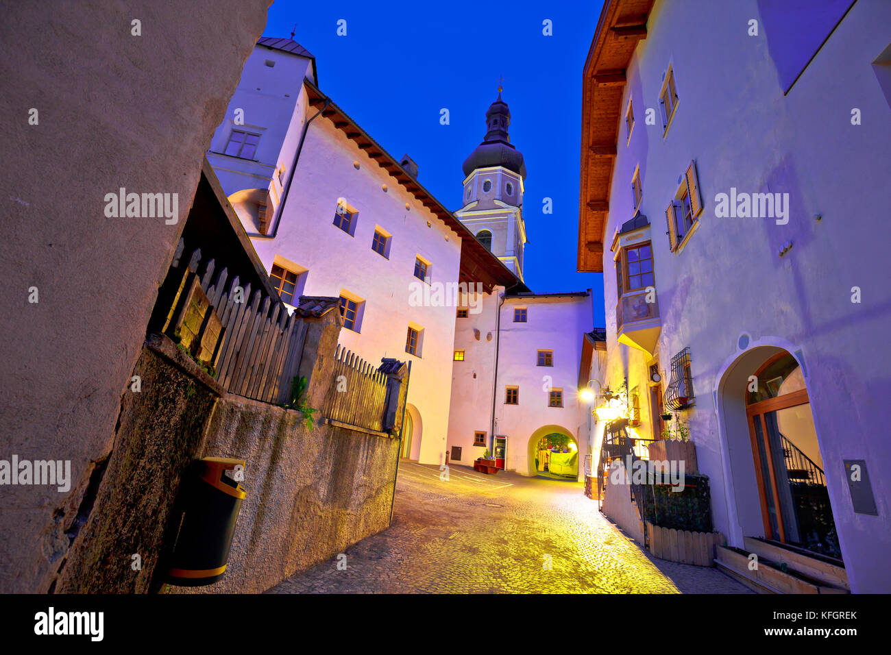 Town of Kastelruth (Castelrotto) street evening view, Dolomites Alps ...