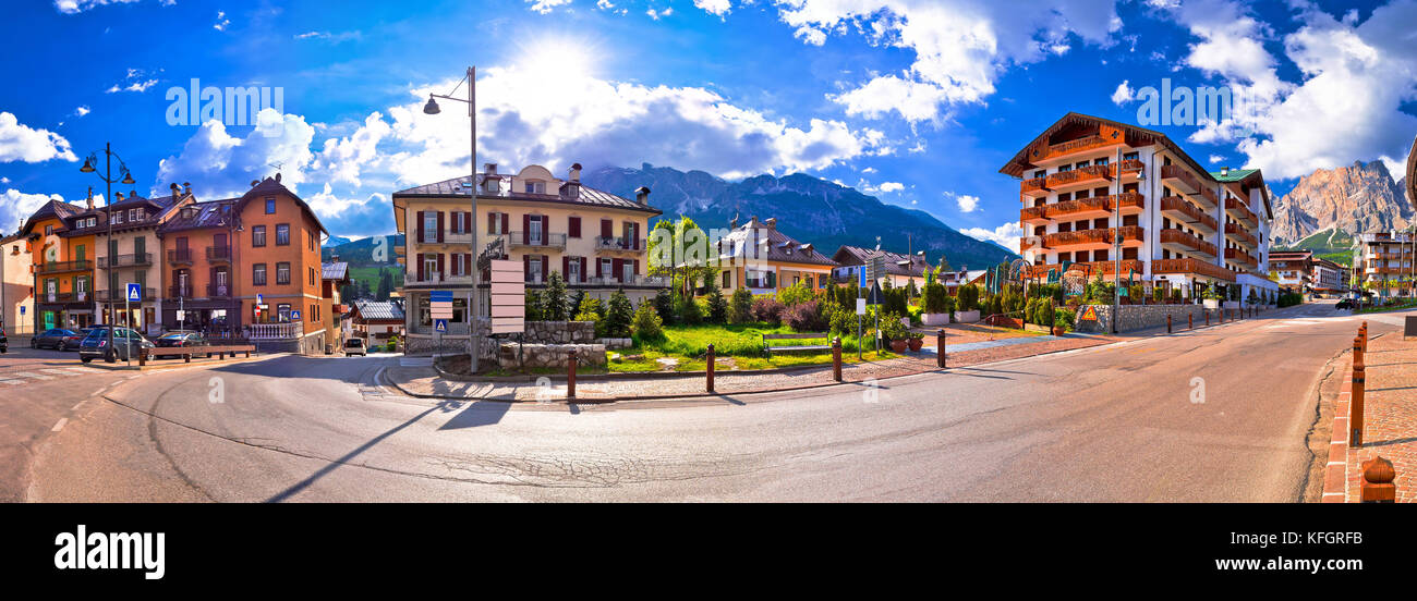 Cortina D' Ampezzo street and Alps peaks panoramic view, Veneto region ...