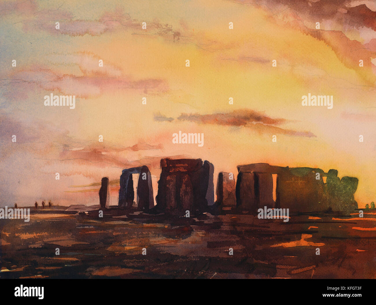 Fine art watercolor painting of prehistoric monument of Stonehenge ...