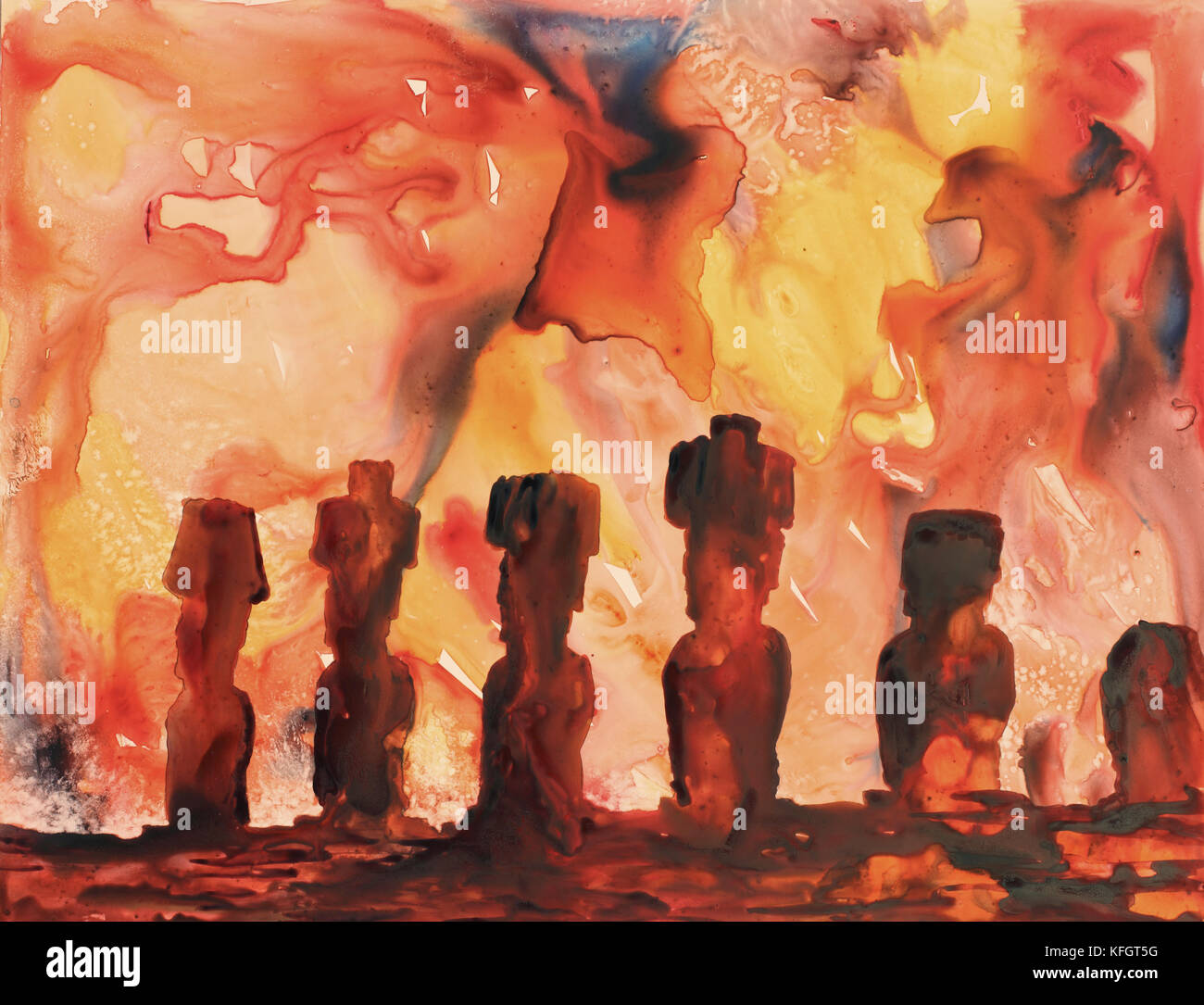 Easter Island Moai heads silhouetted at sunset- Chile. Watercolor ...