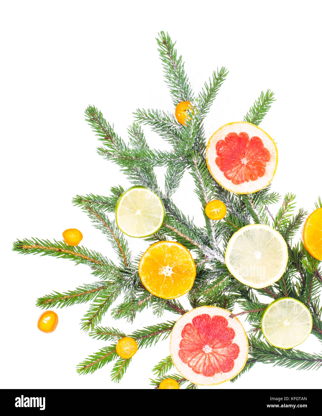 New Year and Christmas branch of spruce, decorated with fruits Stock ...