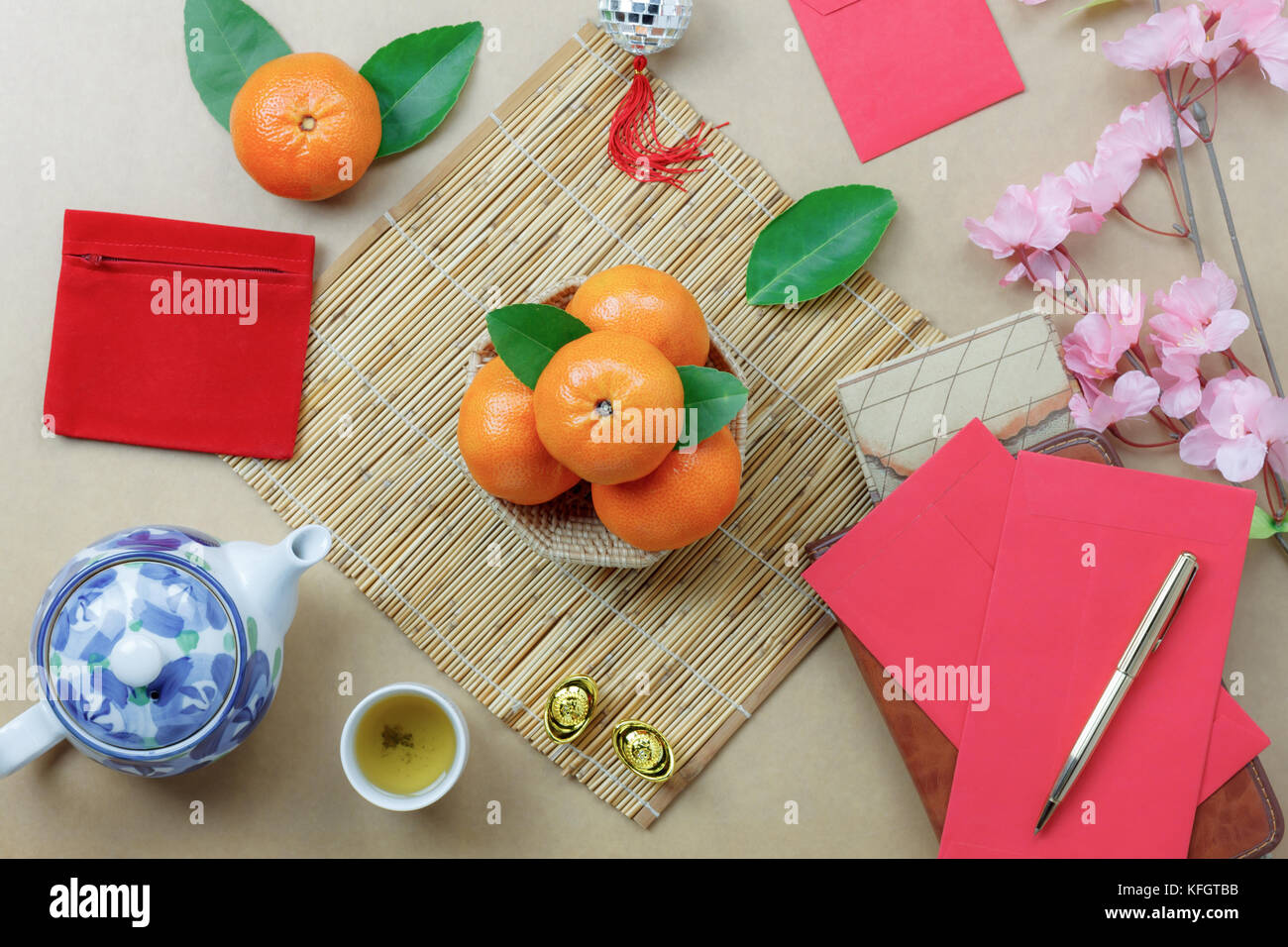 Top view shot of arrangement decoration Chinese new year & lunar ...