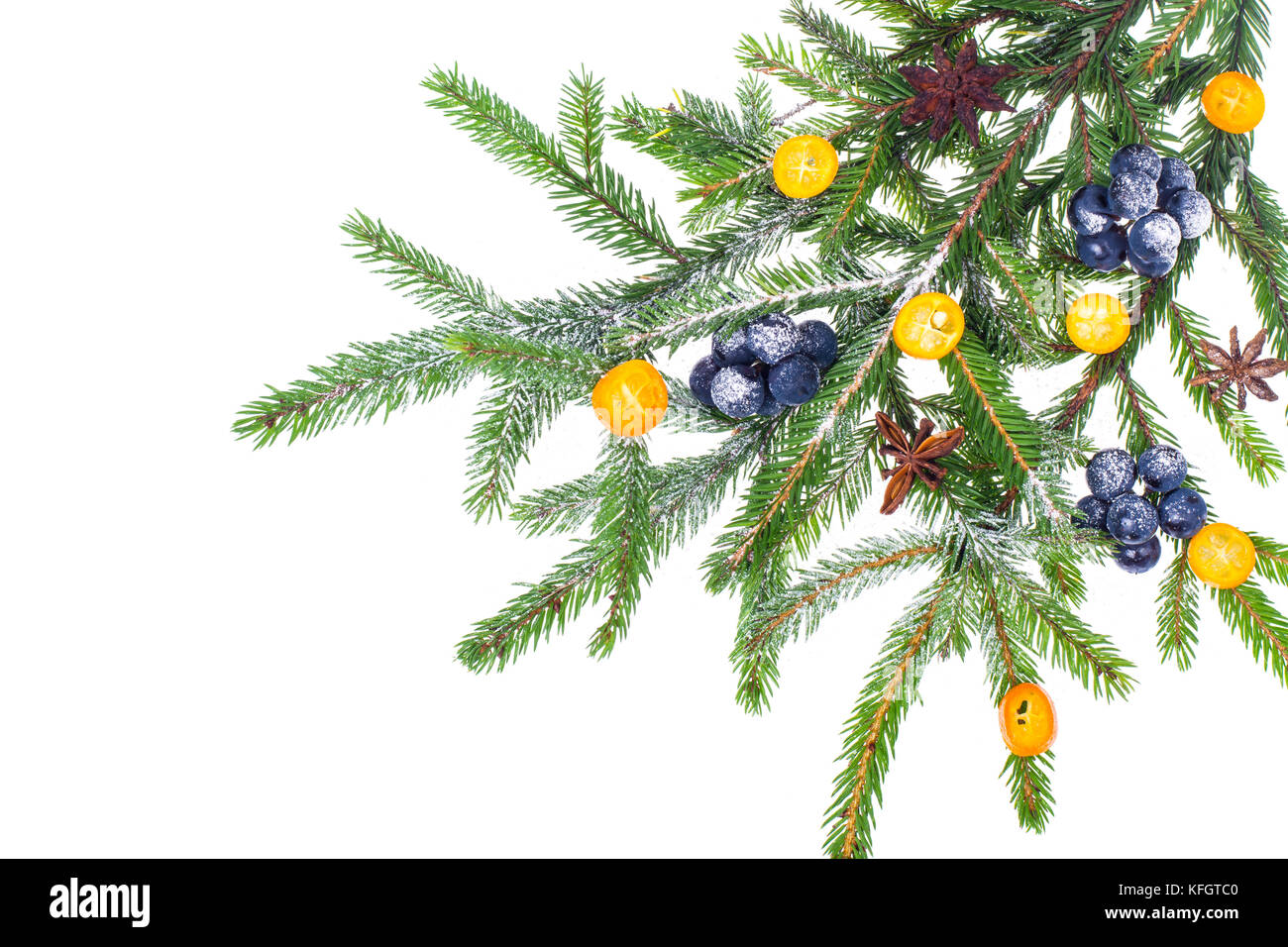 New Year and Christmas branch of spruce, decorated with fruits Stock ...