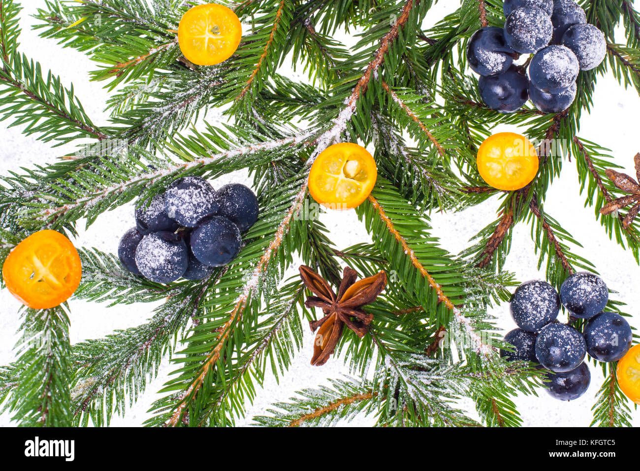 New Year and Christmas branch of spruce, decorated with fruits Stock ...