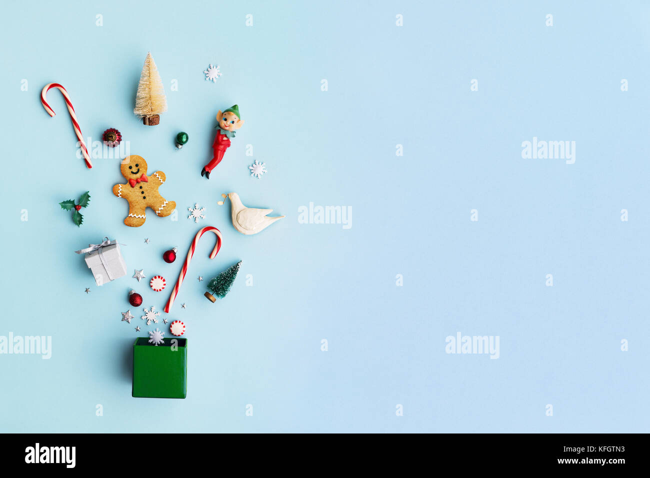 Collection of Christmas objects in a gift box viewed from above Stock ...