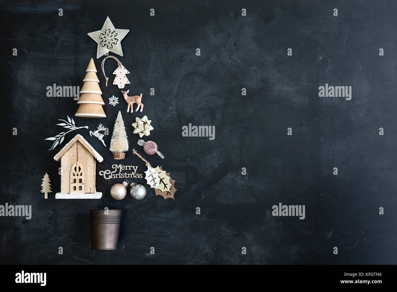 Christmas objects in the shape of a Christmas tree, overhead view Stock ...