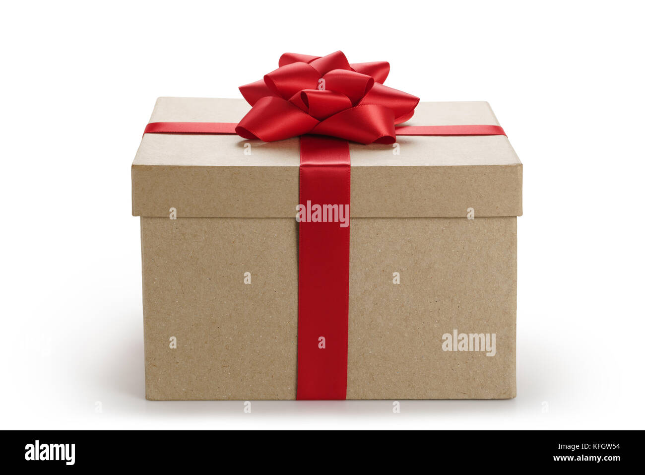 brown craft gift box with red ribbon bow isolated on white background ...