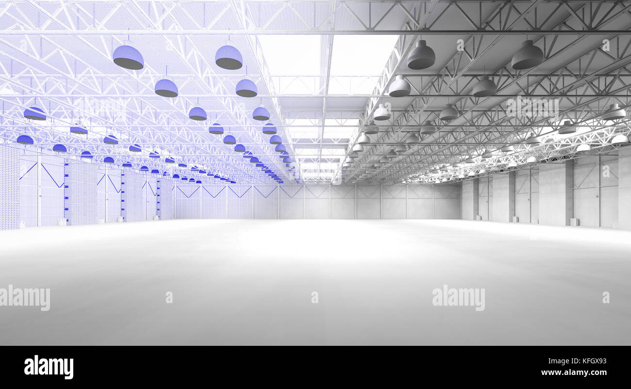 3d rendering interior empty factory with wireframe Stock Photo - Alamy