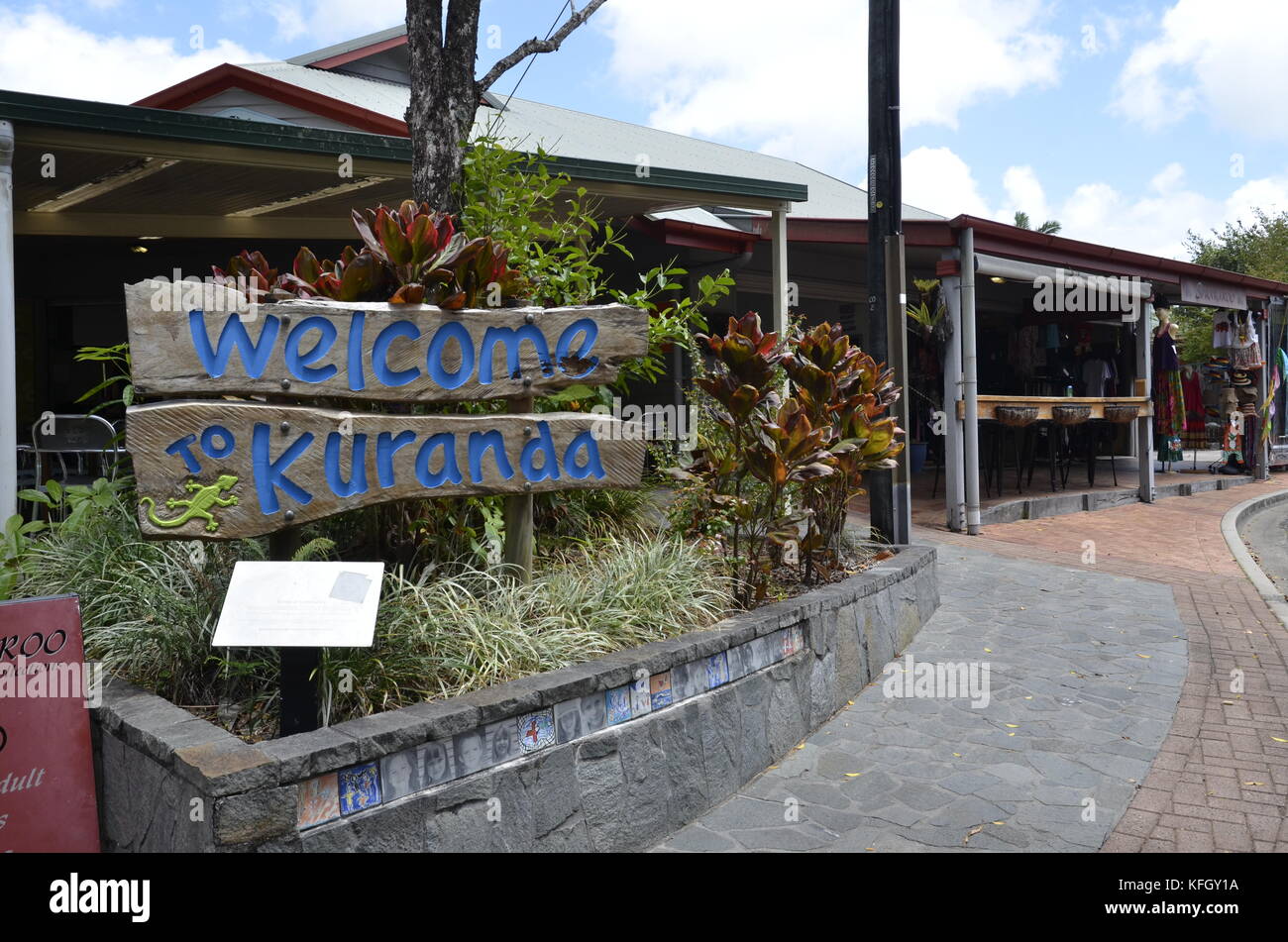 A "welcome to Kuranda" sign in the Queensland tourist town north of ...