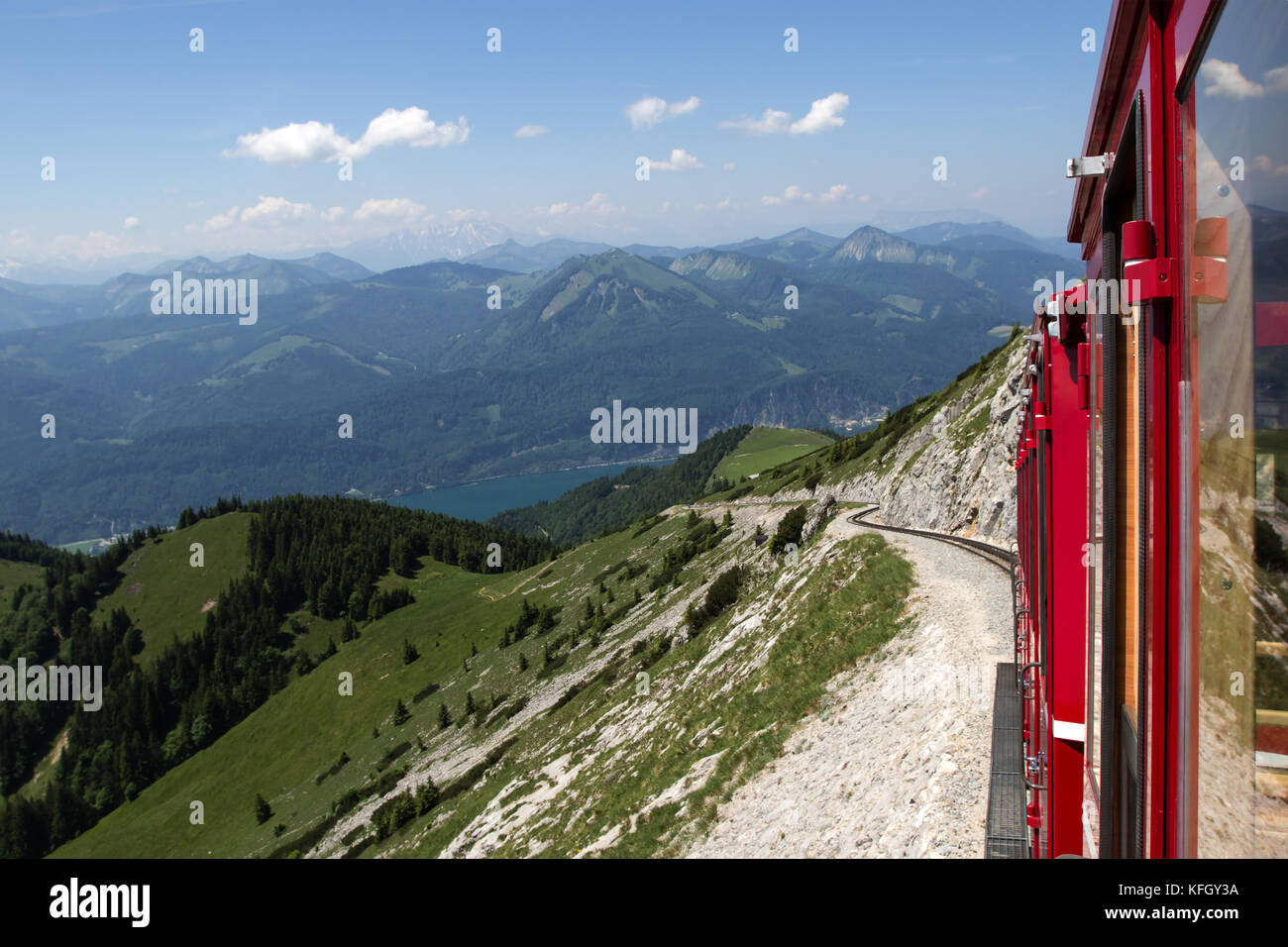 Steam locomotive of a vintage cogwheel railway going to Schafberg ...