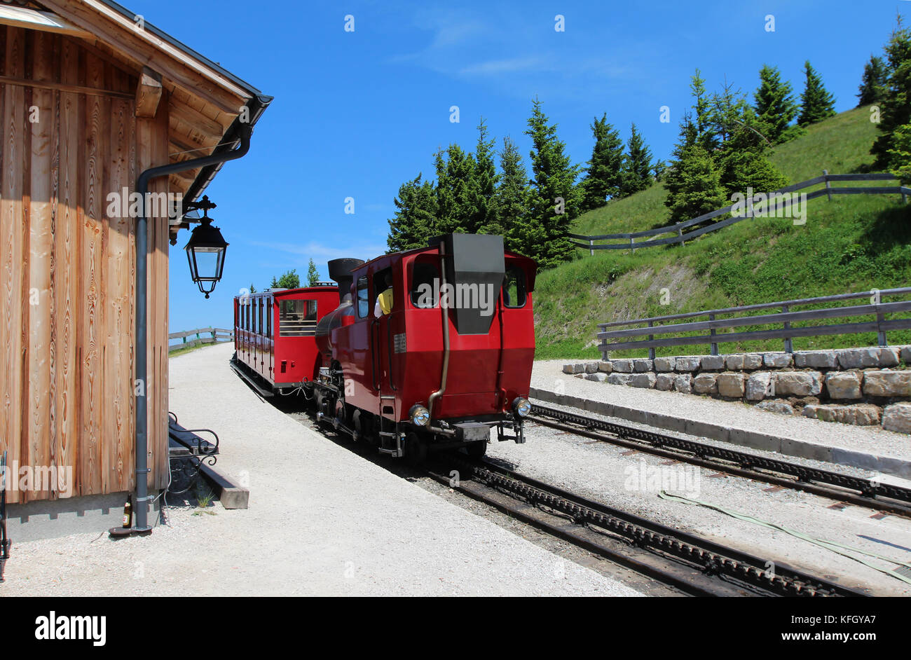 Steam locomotive of a vintage cogwheel railway going to Schafberg ...