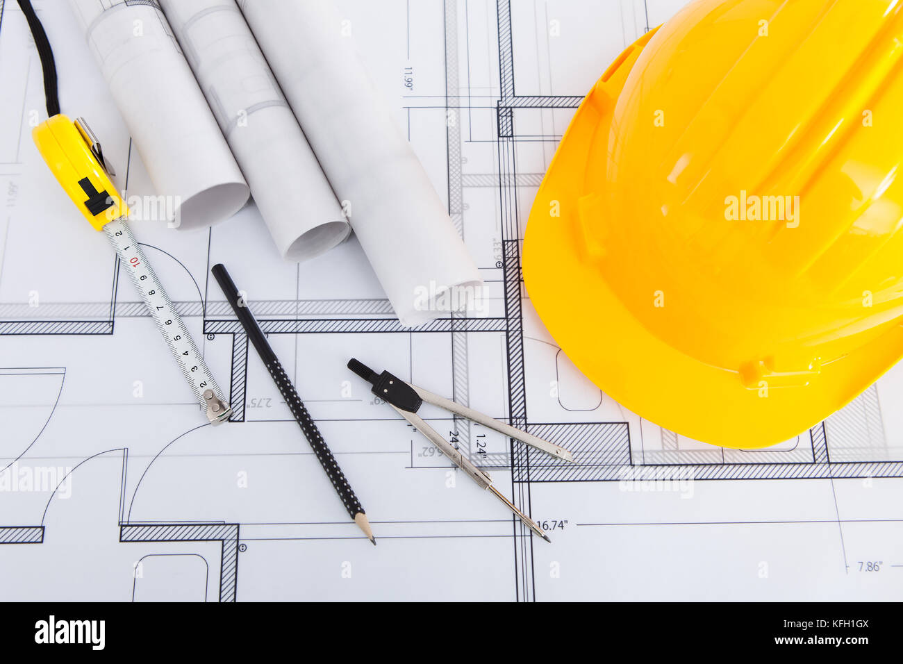 High angle view of tools with hardhat on blueprint Stock Photo - Alamy
