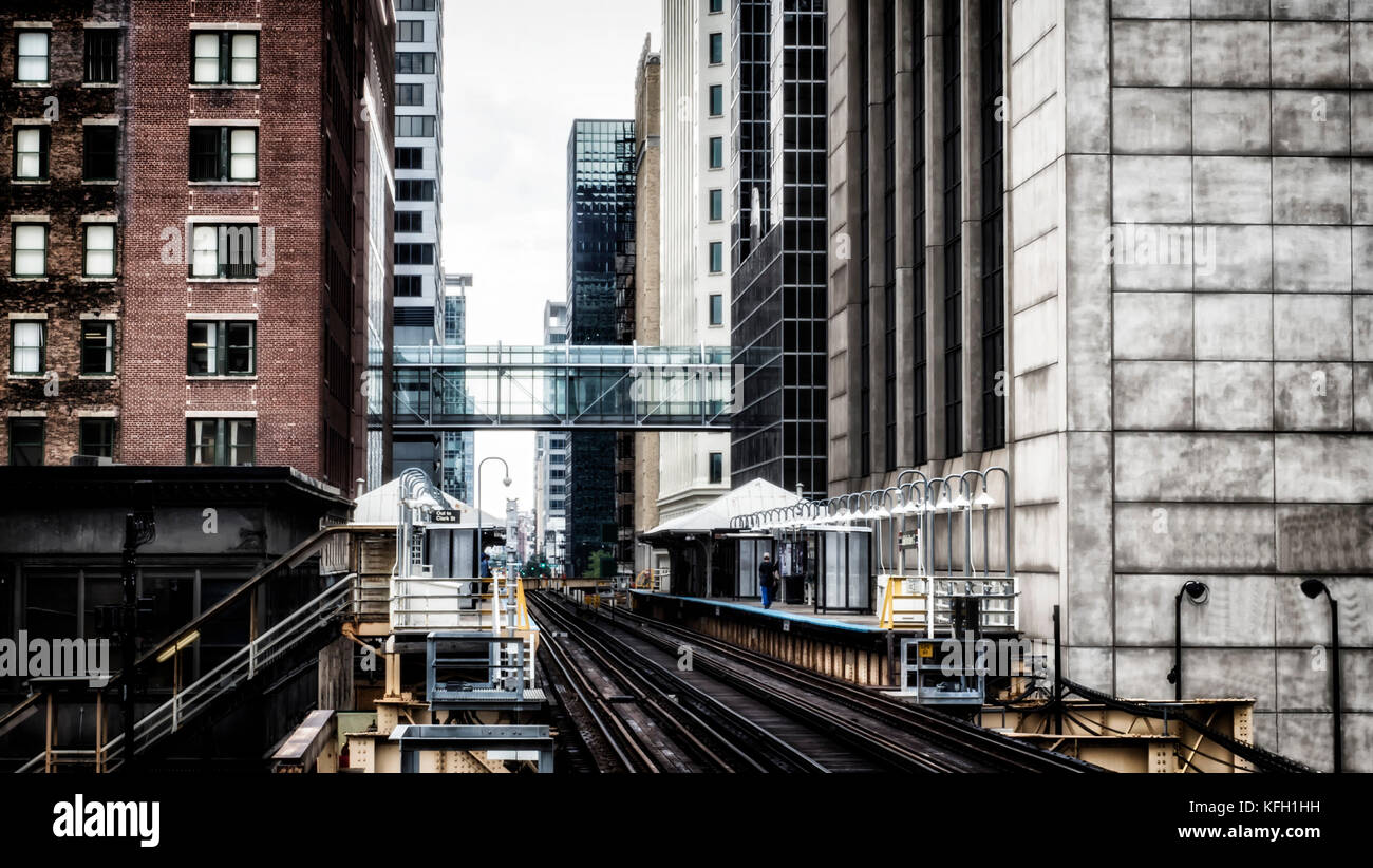 Train Station on Elevated tracks within buildings at the Loop, Glass ...