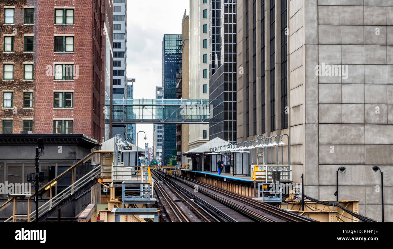 Train Station on Elevated tracks within buildings at the Loop, Glass ...