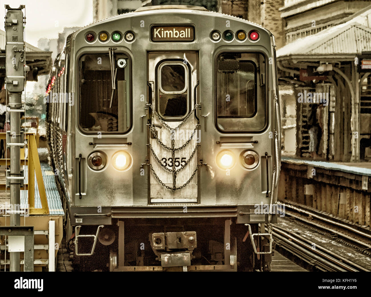 Train on elevated tracks within buildings at the Loop, Chicago City ...