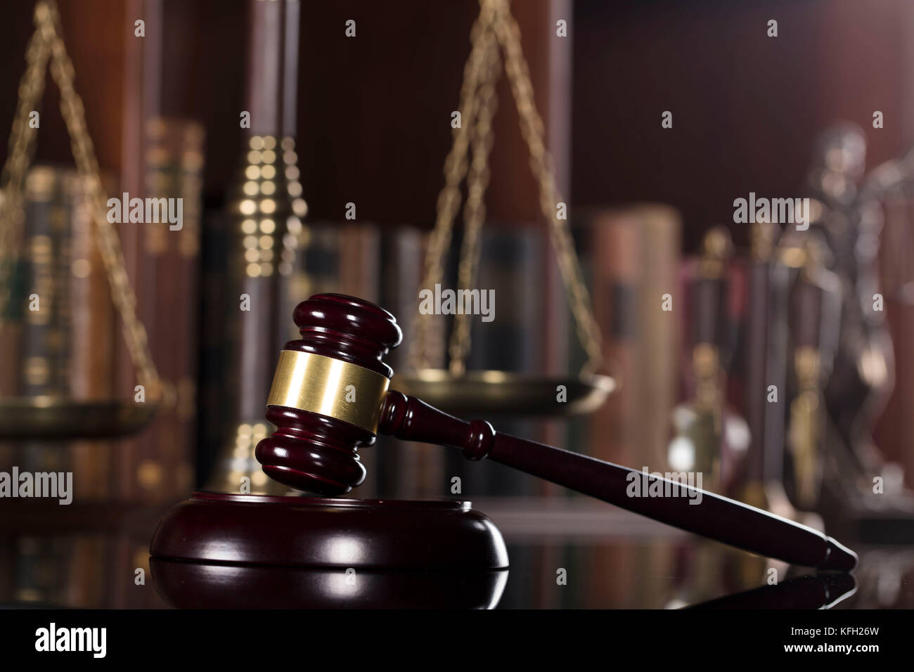 Law theme. Court library. Gavel of the judge and scale of justice Stock ...