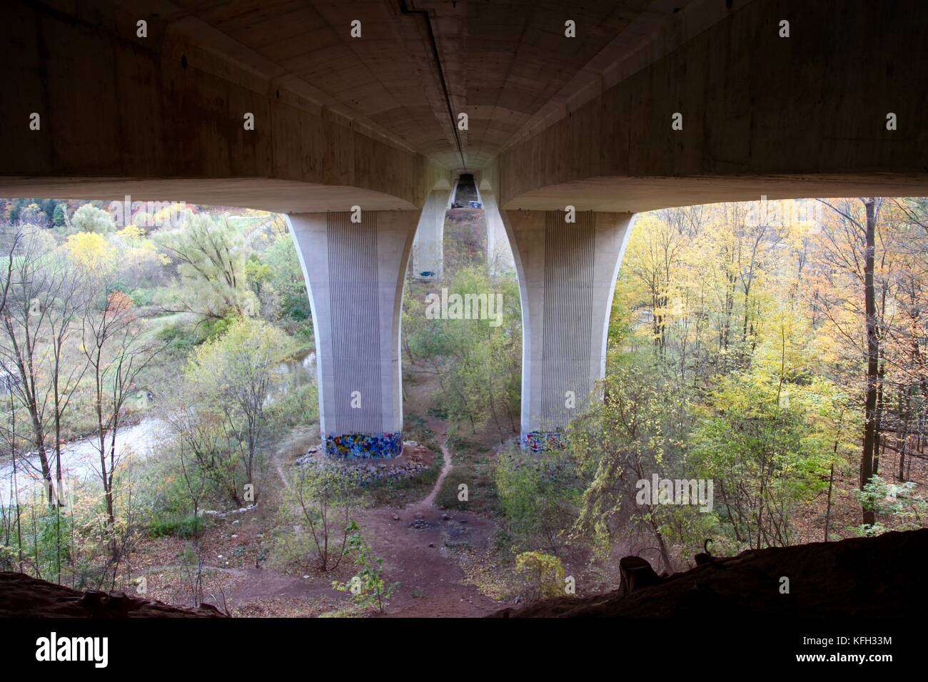 View of an underpass underneath a highway, spot where teenagers and ...