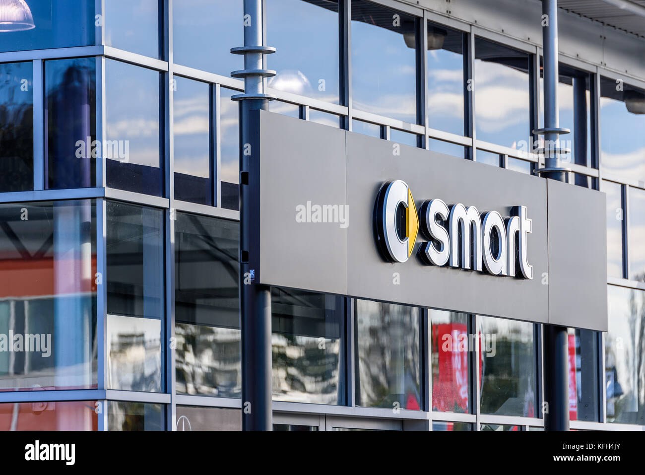 Northampton, UK - Oct 25, 2017: Day view of Smart logo at Riverside ...