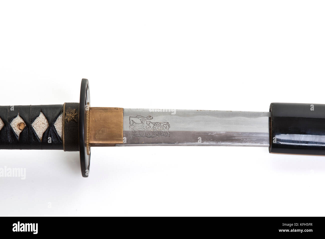 Detail from the very sharp steel blade on a Japanese Samurai sword or ...