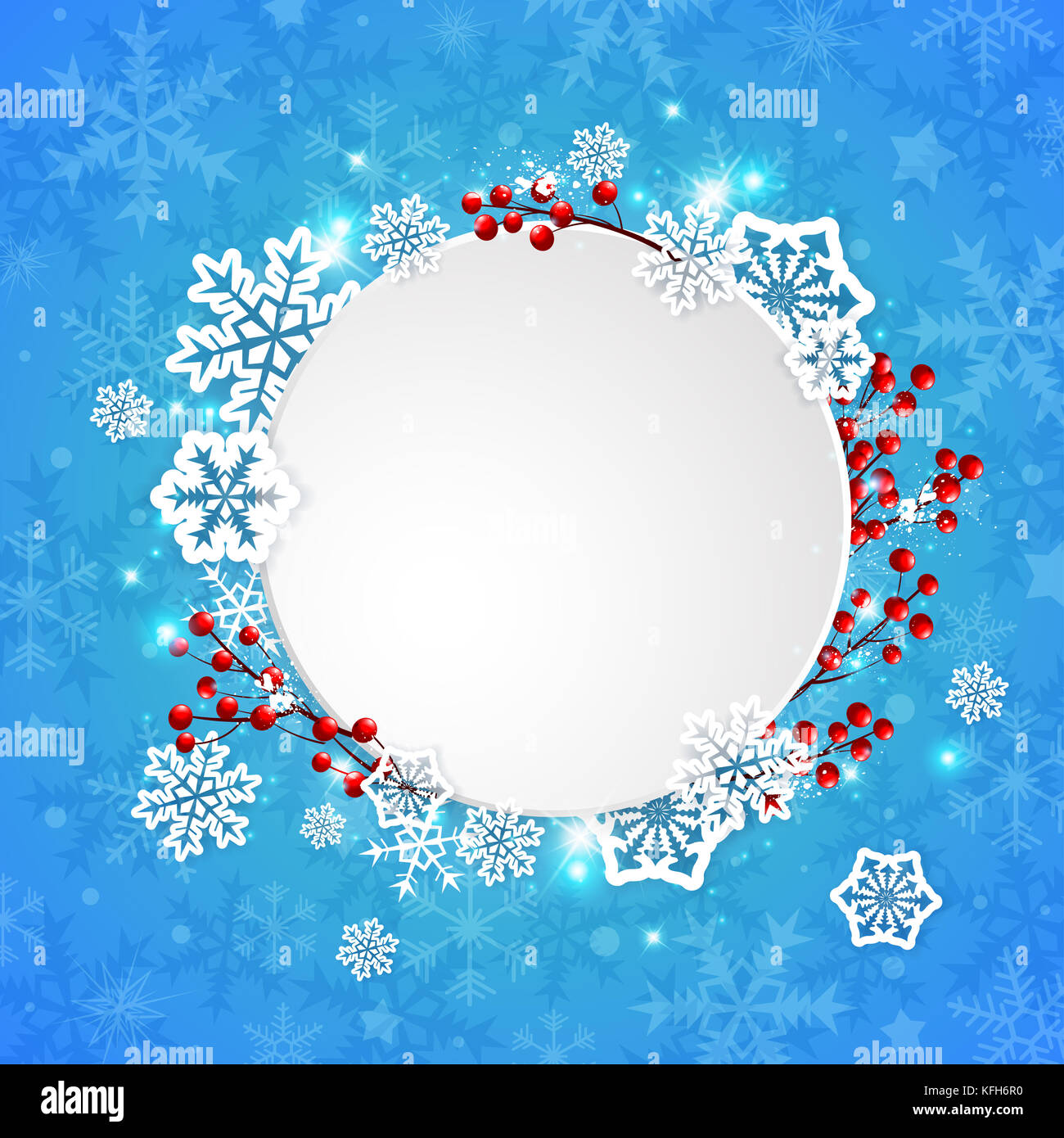 Christmas banner with white paper snowflakes and red berries on a blue ...