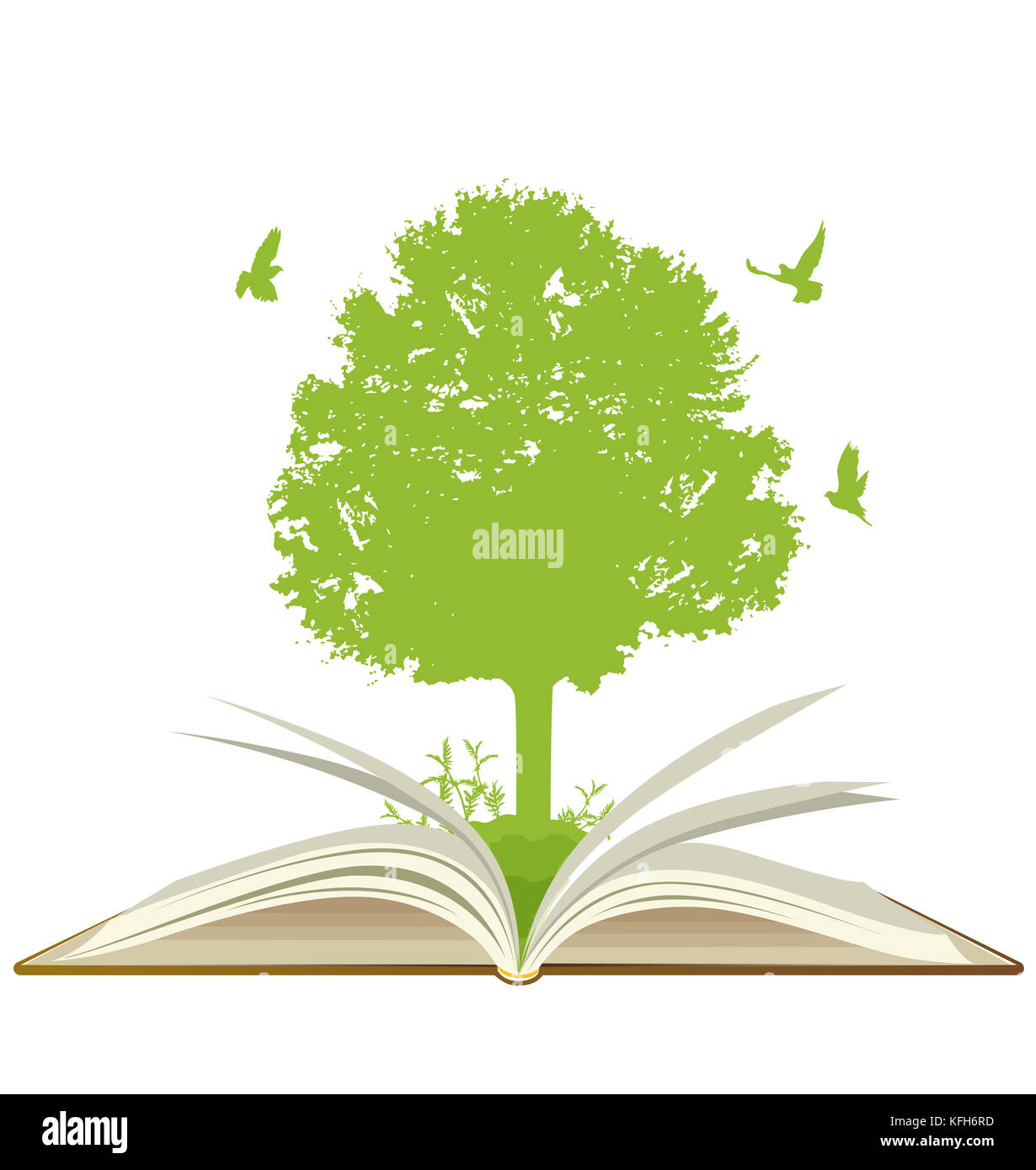 Open book with green tree and birds on a white background. Ecology ...