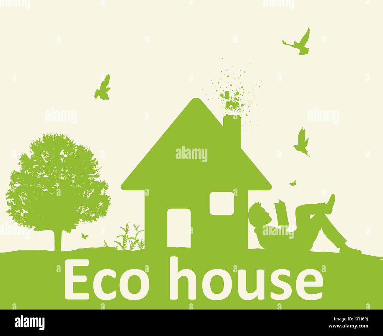 Landscape with green tree, house and man reading a book. Eco-friendly ...