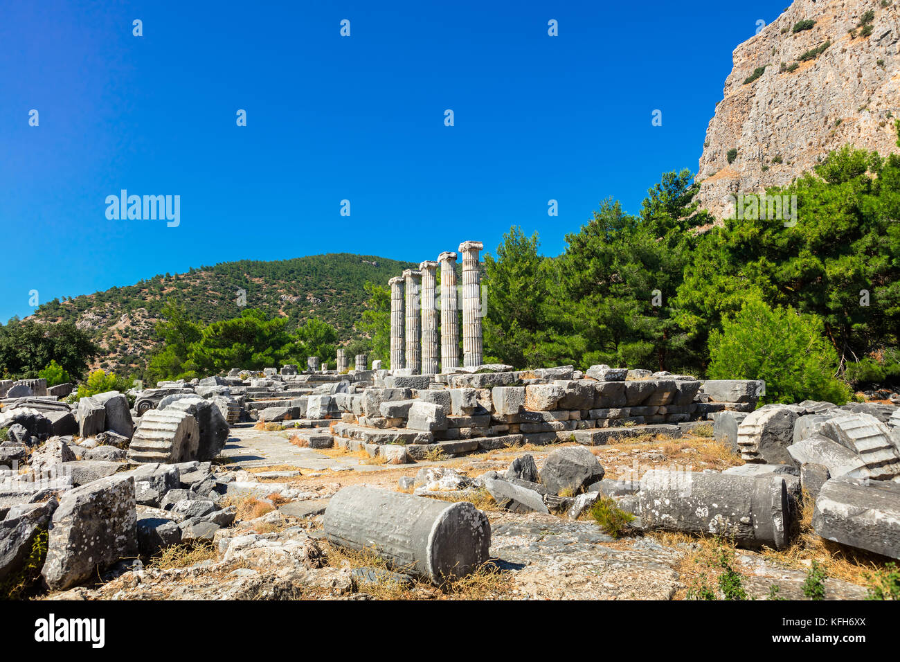 Ruins of the Athena Temple in ancient city of Priene destroyed by an ...