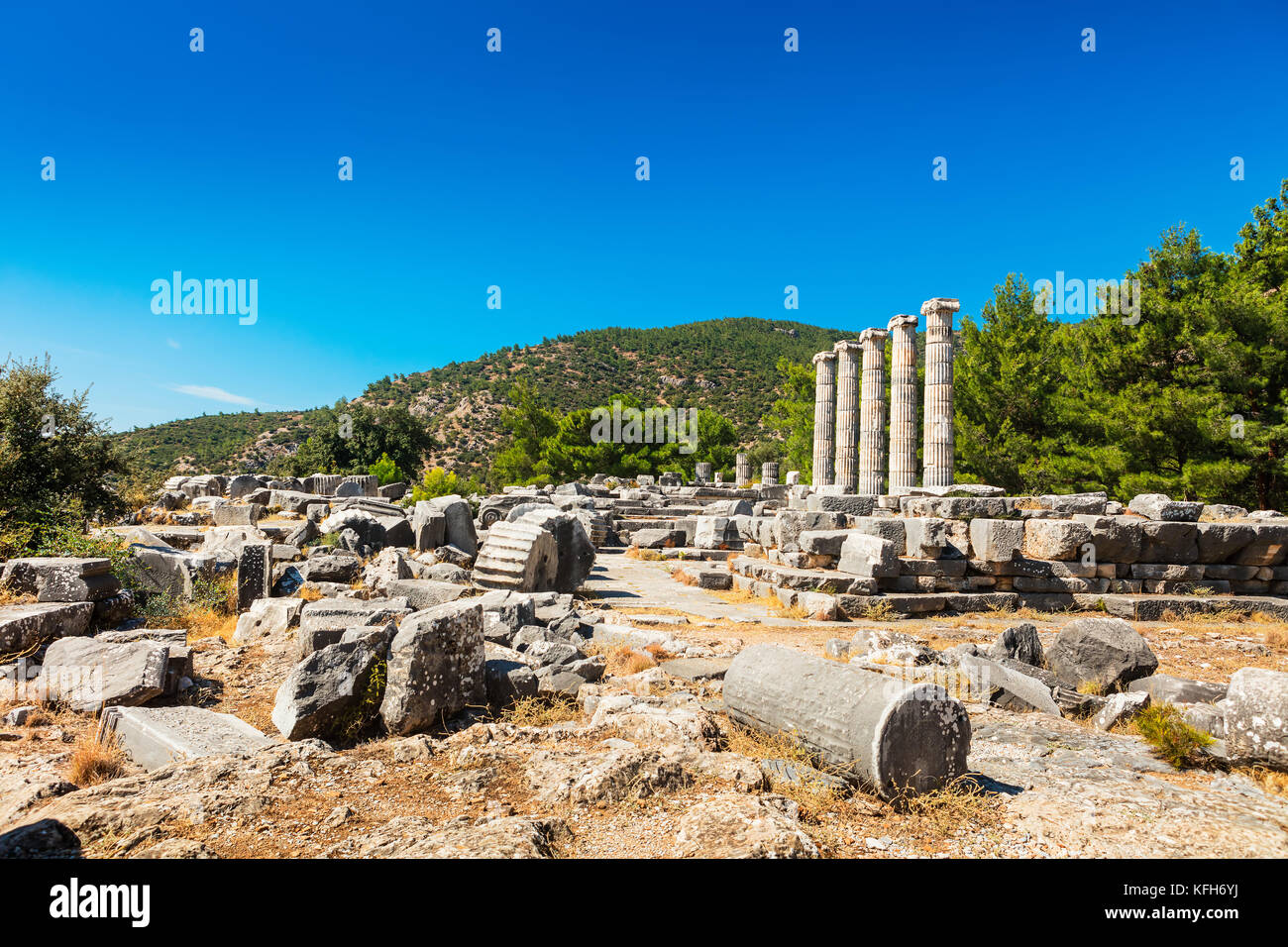 Ruins of the Athena Temple in ancient city of Priene destroyed by an ...