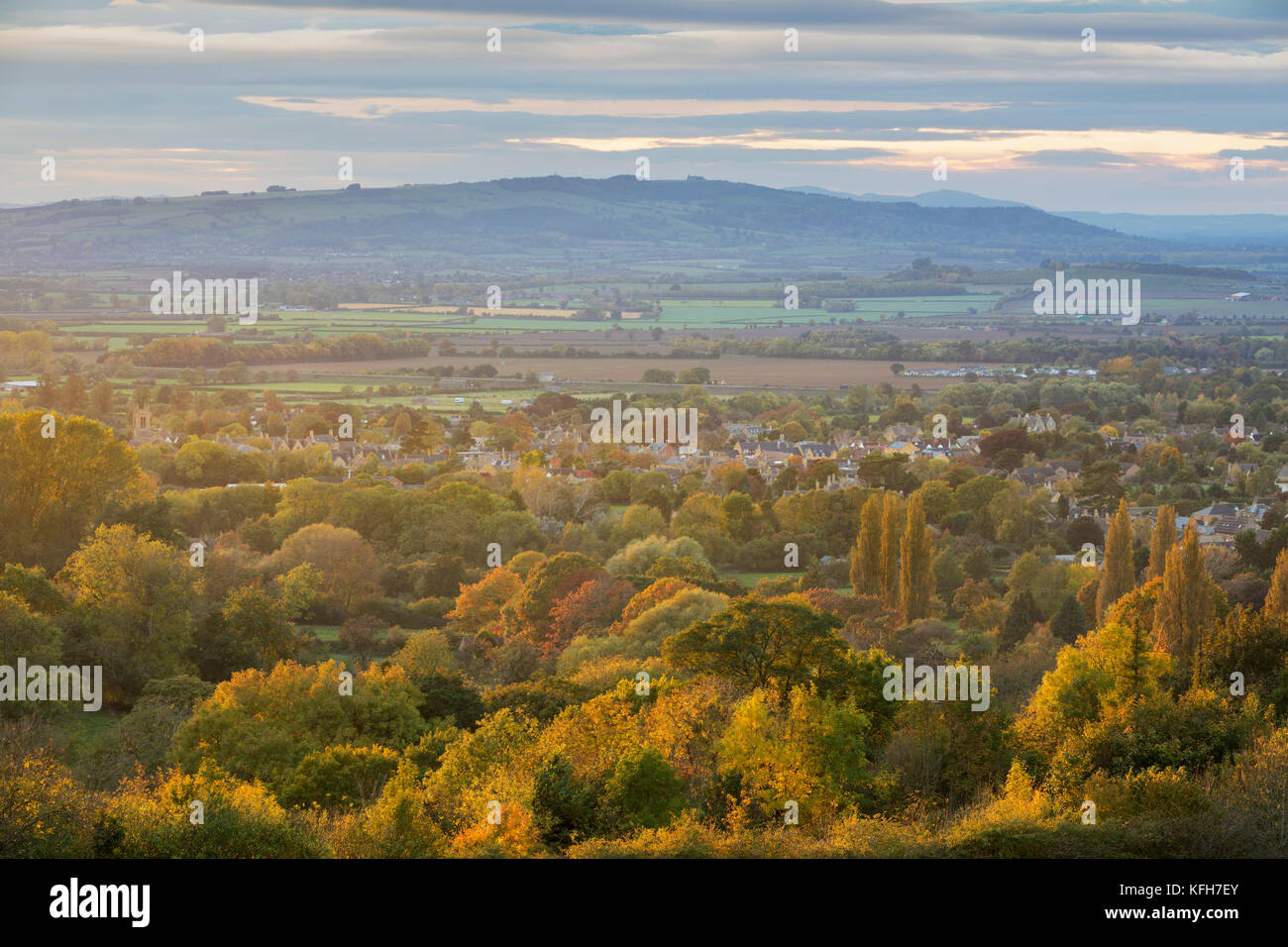 View over Cotswold town of Broadway and Bredon Hill in autumn from Fish ...