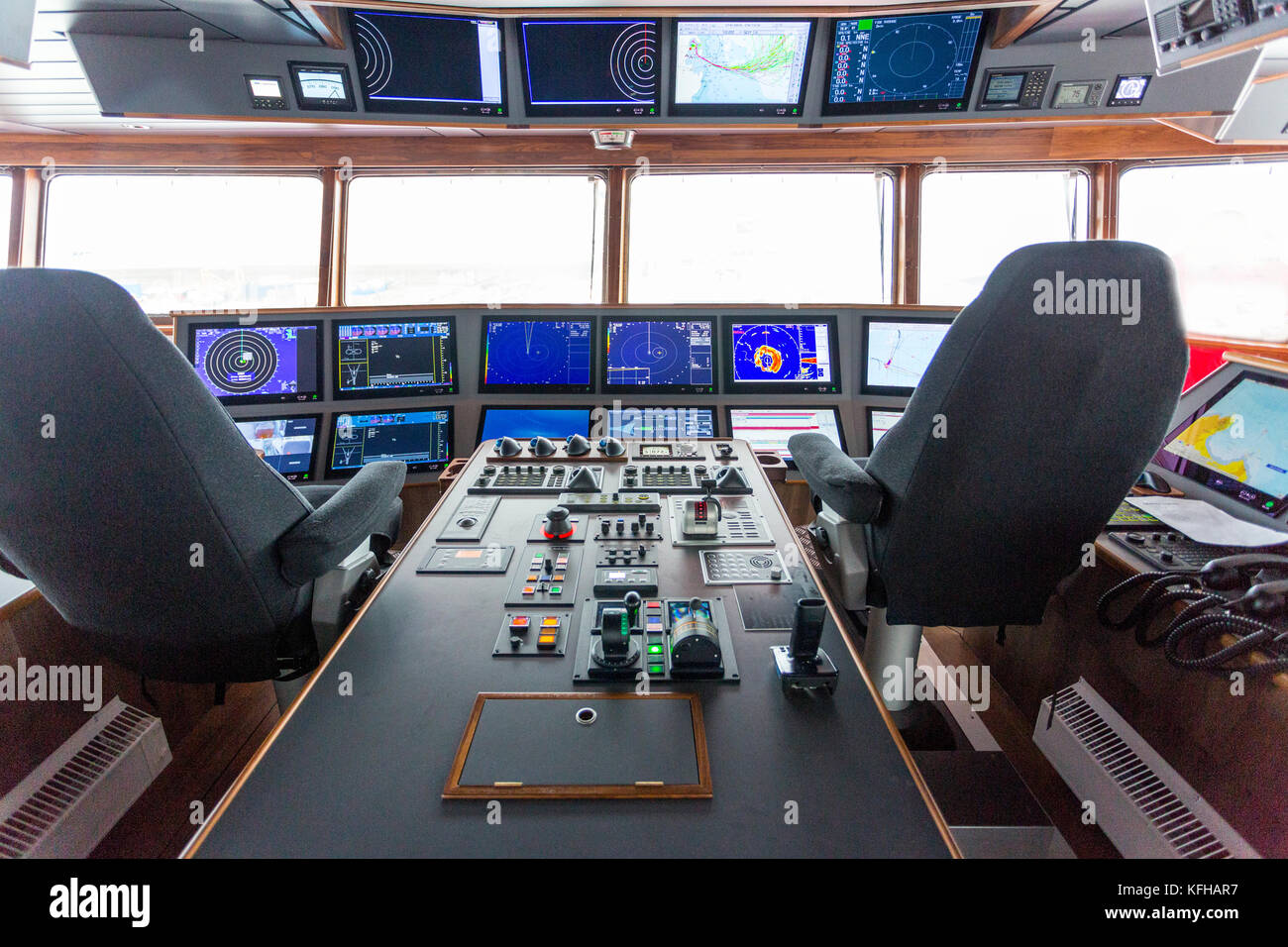Electronic technology has replaced the ship’s wheel on the bridge of ...
