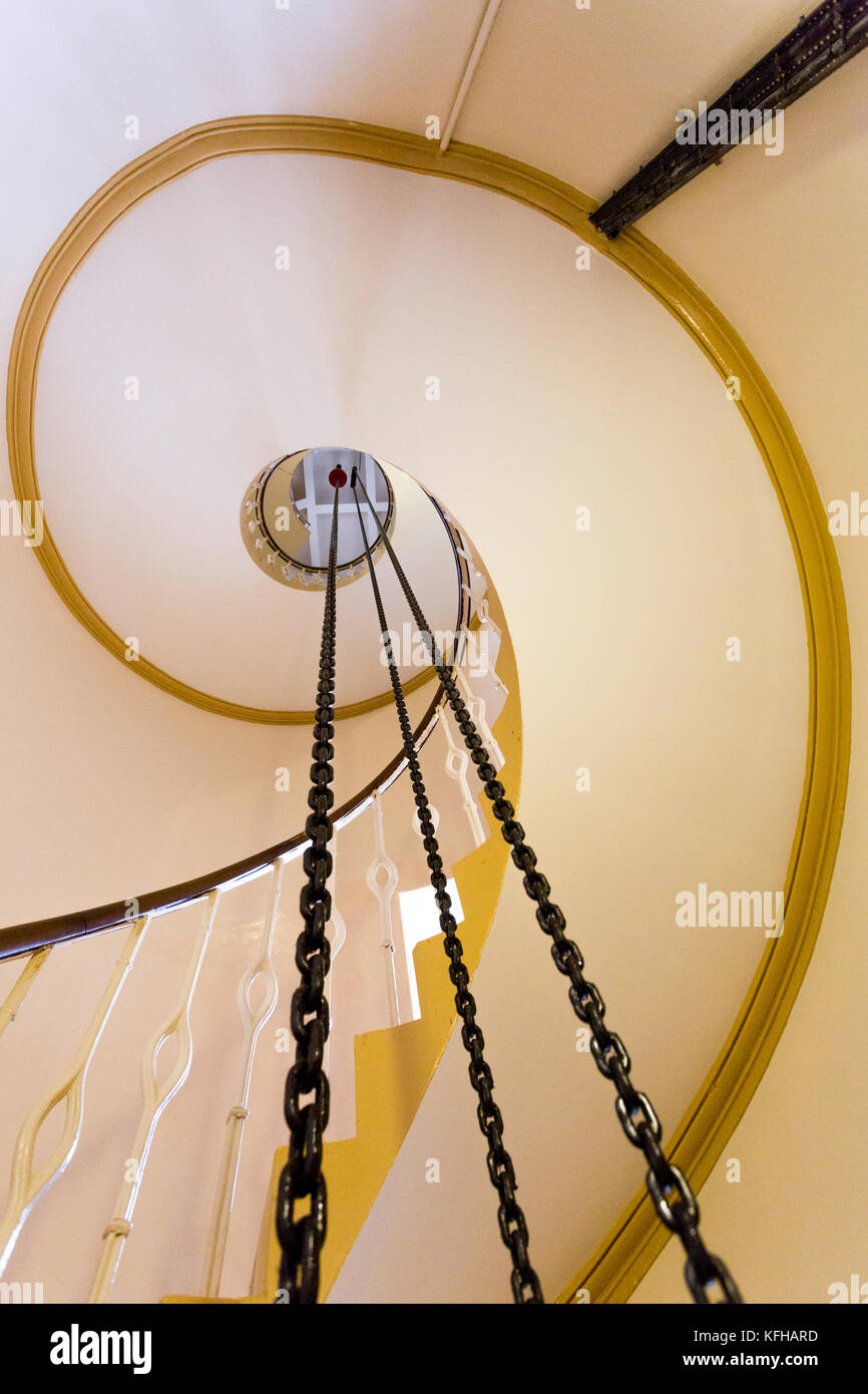 Chains that hold the clockwork weights for turning the lens inside ...