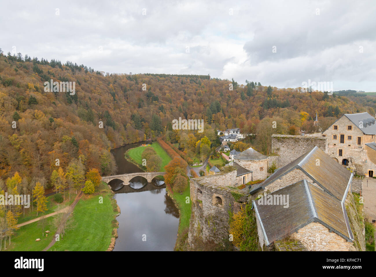 view of the bridge over the Semois river from the castle Stock Photo ...