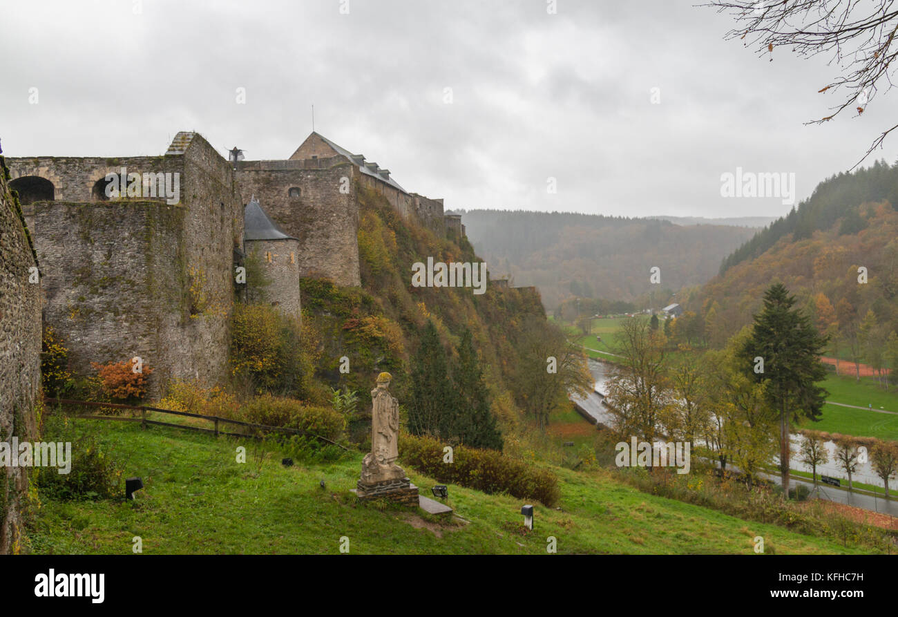 view of the bouillon castle and the statue of Godefroy Stock Photo - Alamy