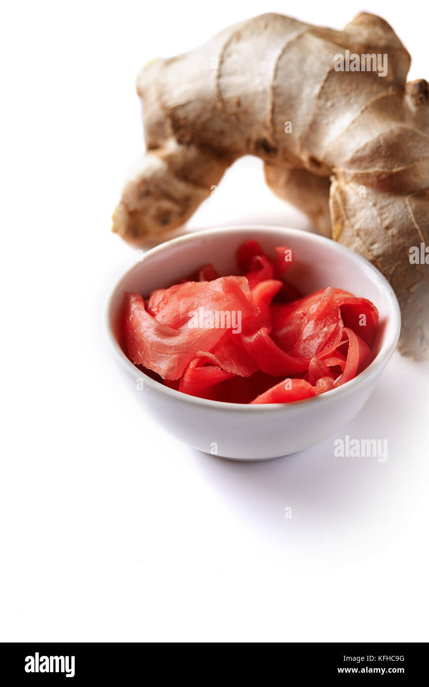 pickled ginger and fresh root ginger isolated on white background Stock ...
