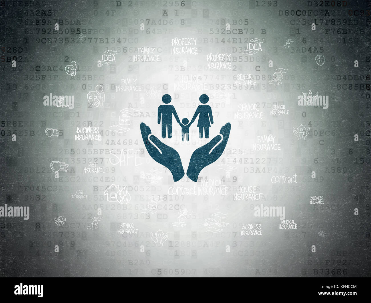 Insurance concept: Family And Palm on Digital Data Paper background ...