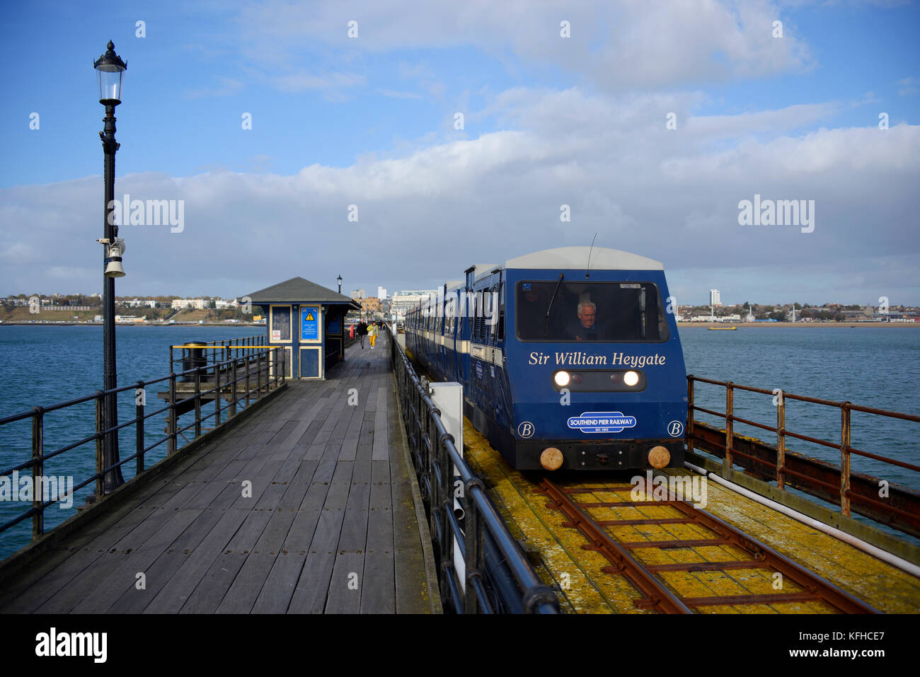 Southend Pier railway train with driver and walkway shelter Stock Photo ...