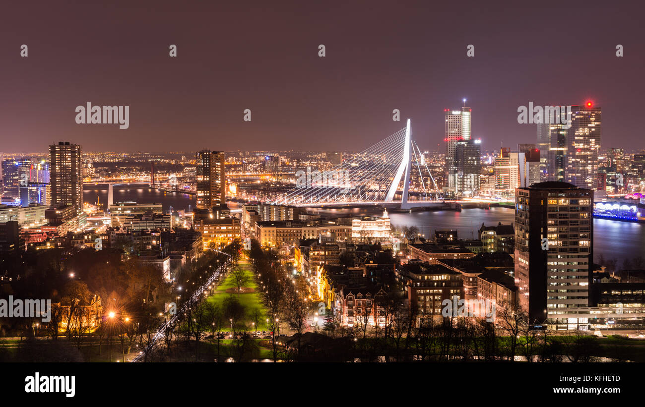 Skyline of the city of Rotterdam, Europe, seen from above by night ...