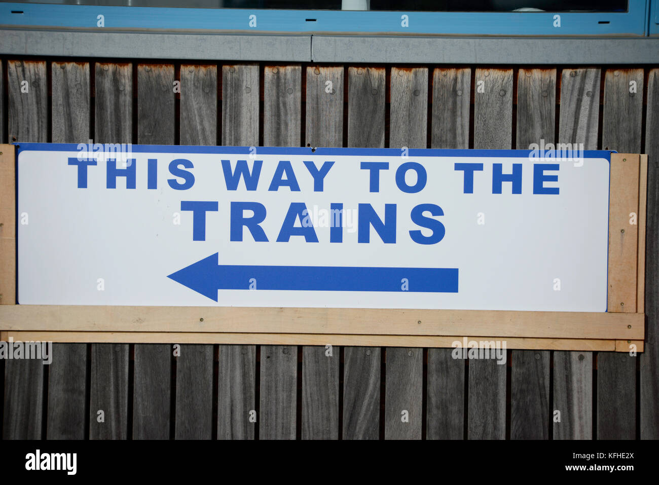 Southend Pier railway, this way to the trains sign. Direction arrow ...