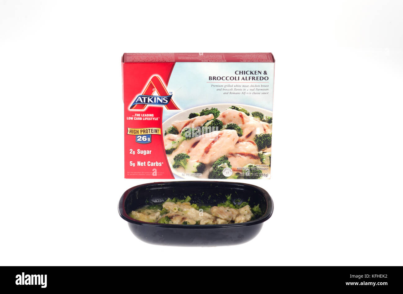 Microwaved Atkins Diet meal of chicken & broccoli alfredo with box and ...