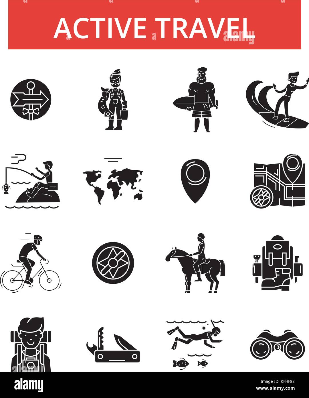 Active travel illustration, thin line icons, linear flat signs, vector ...