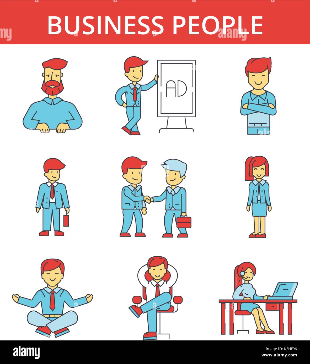 Business people illustration, thin line icons, linear flat signs ...