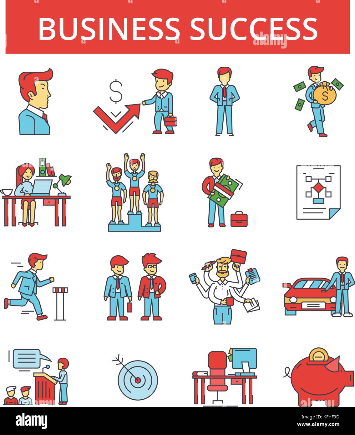 Business success illustration, thin line icons, linear flat signs ...