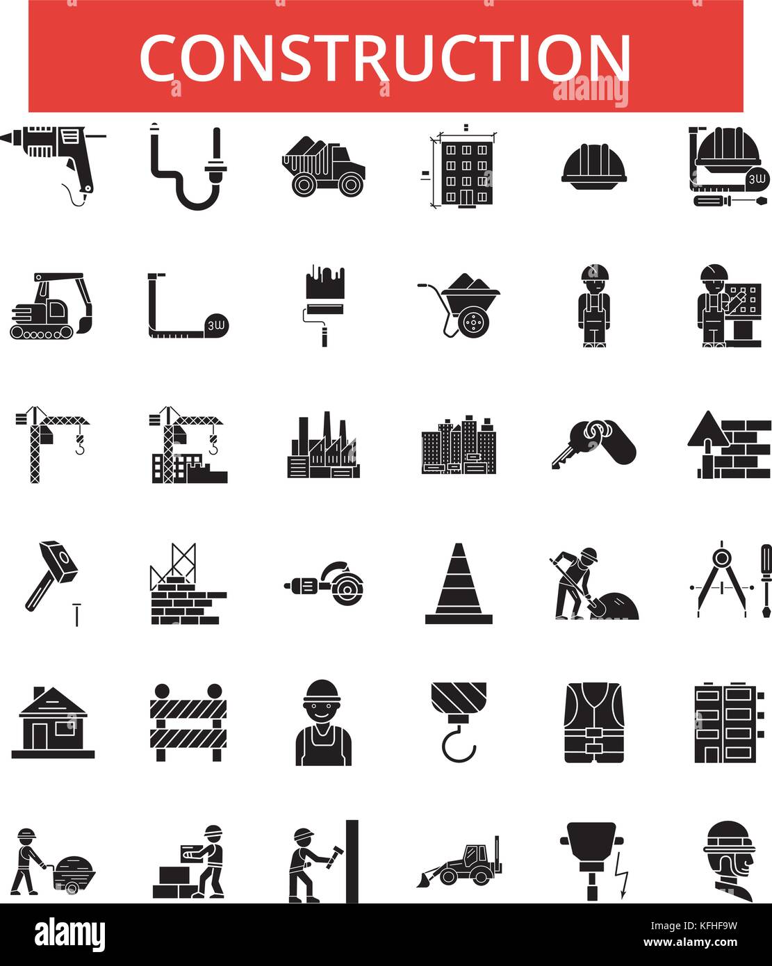 Construction illustration, thin line icons, linear flat signs, vector ...