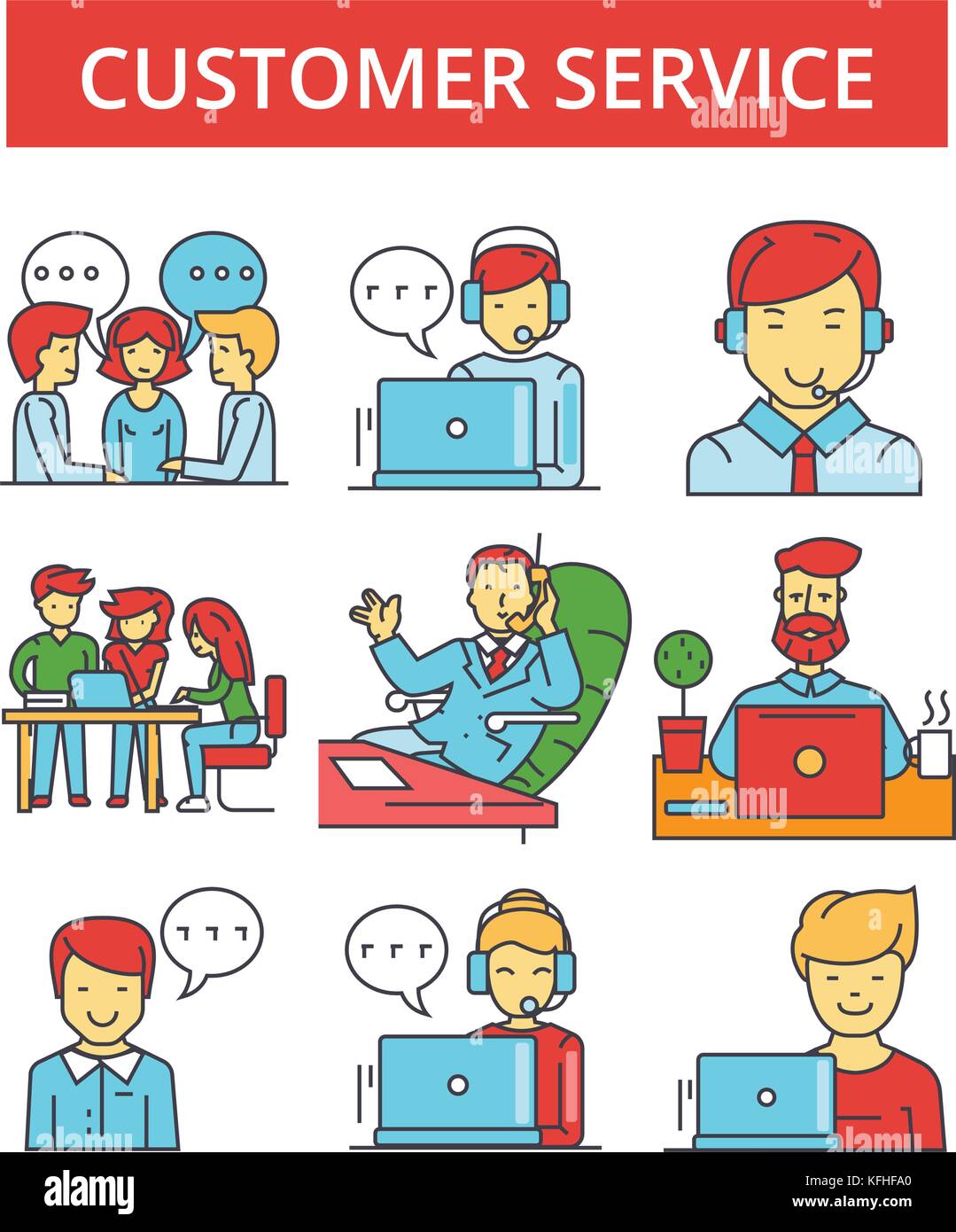 Customer service illustration, thin line icons, linear flat signs ...