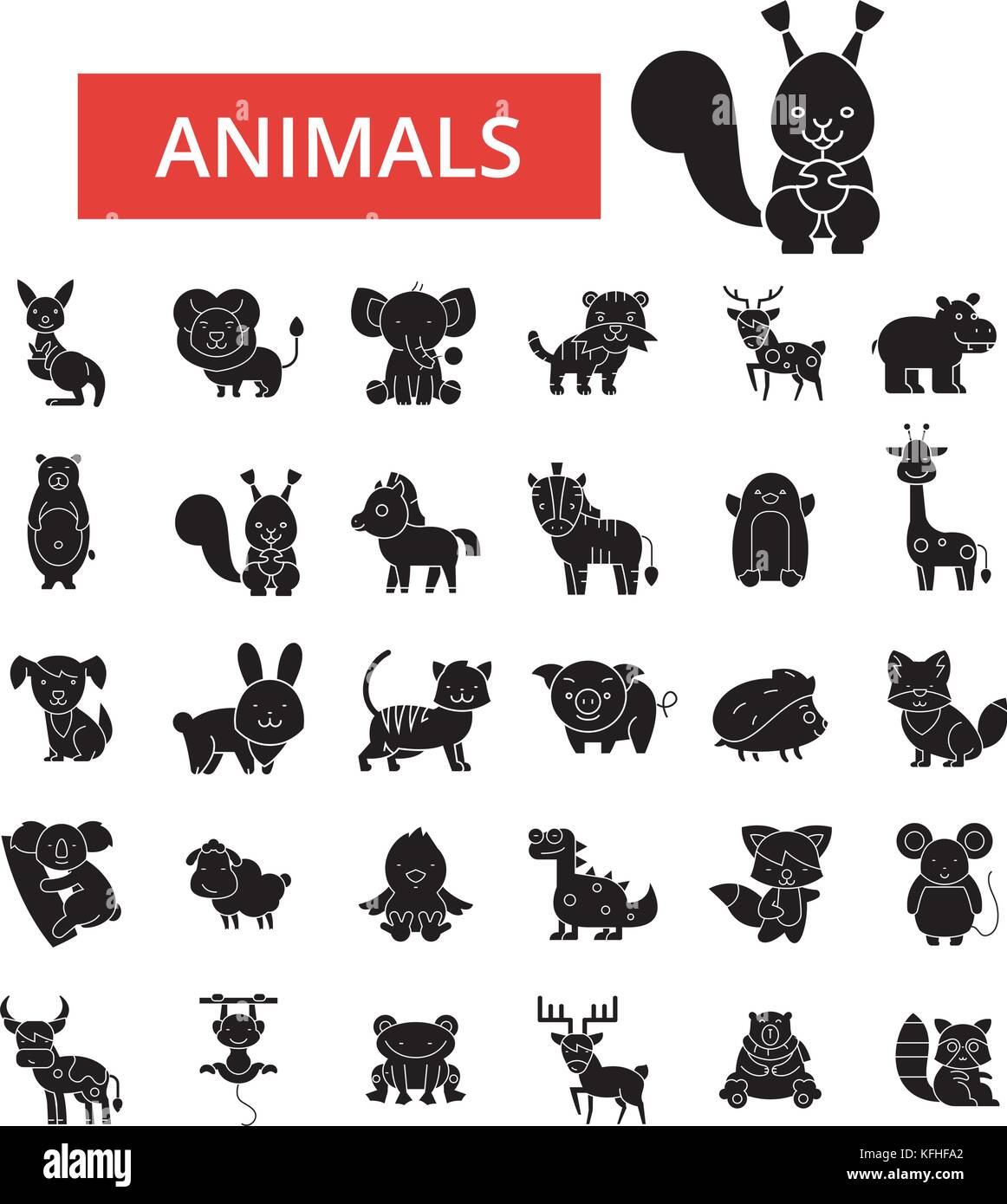 Cute animals illustration, thin line icons, linear flat signs, vector ...