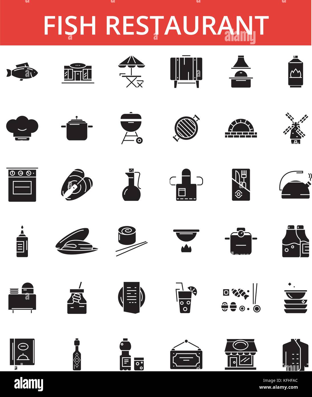 Fish restaurant barbeque illustration, thin line icons, linear flat ...