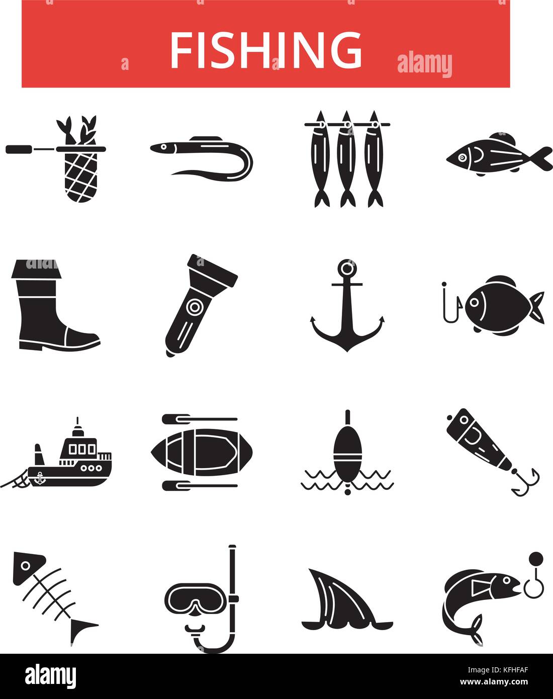 Fishing illustration, thin line icons, linear flat signs, vector ...