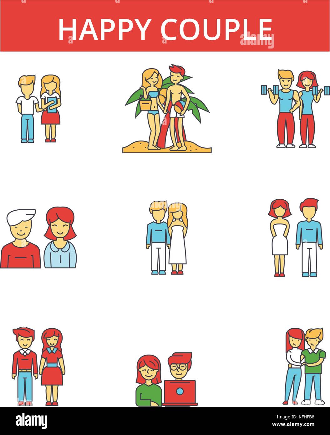 Happy couple illustration, thin line icons, linear flat signs, vector ...