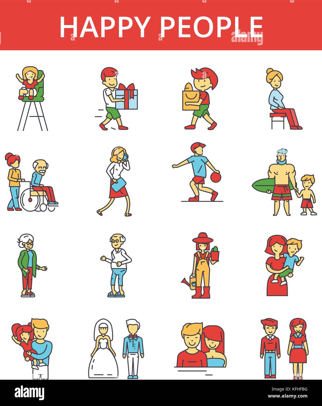 Happy people illustration, thin line icons, linear flat signs, vector ...