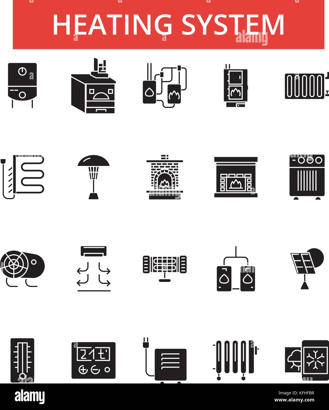 Heating system illustration, thin line icons, linear flat signs, vector ...